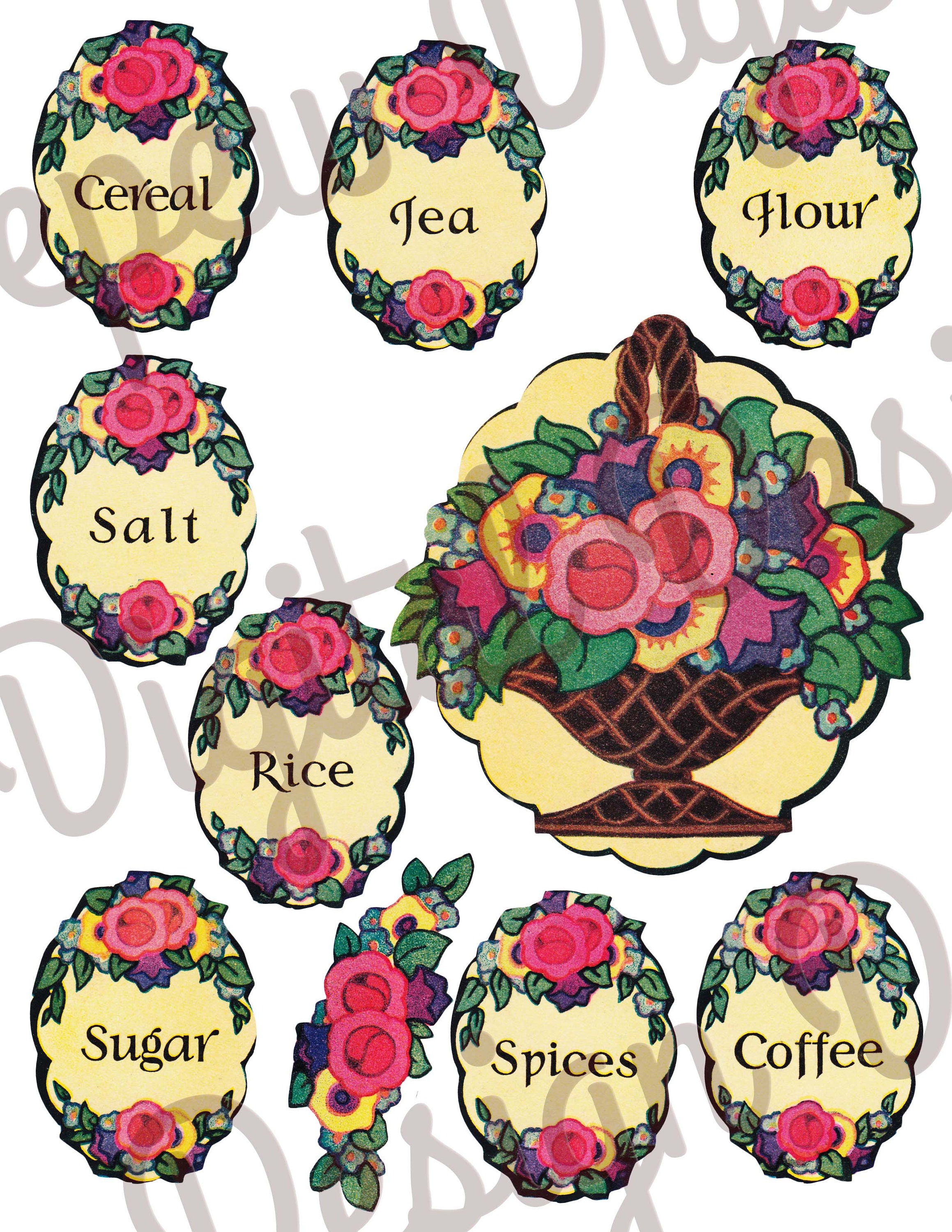 Digital Vintage 1920s Kitchen Floral Labels Collage Sheet &clip Art ...
