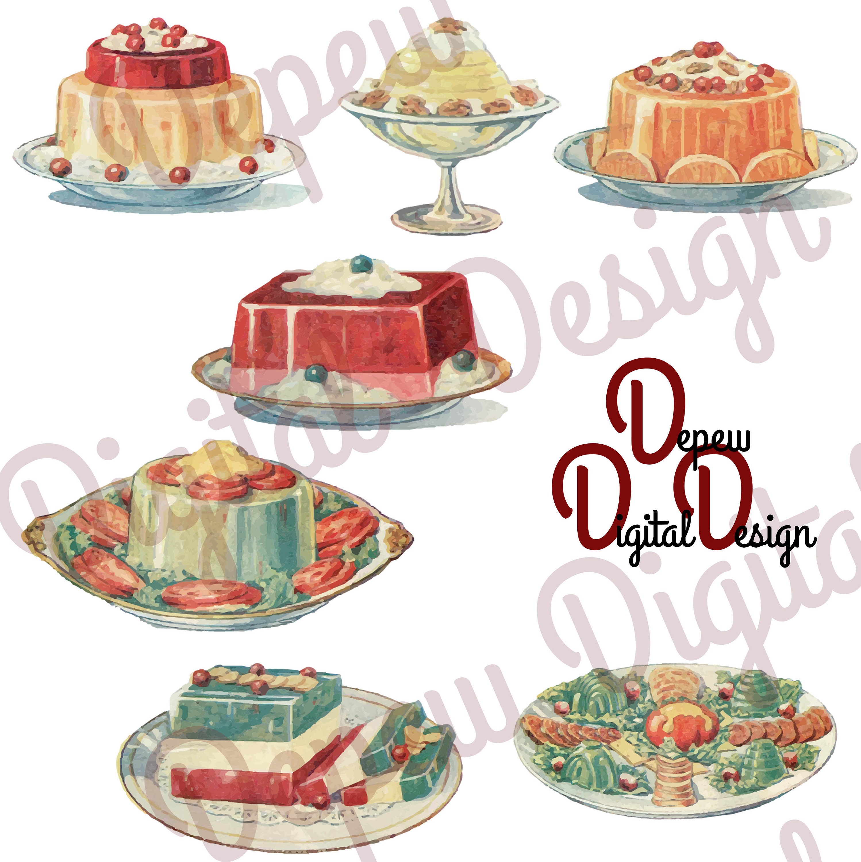 Digital Vintage Food Illustration Gelatin Deserts & Snacks Clip Art ...