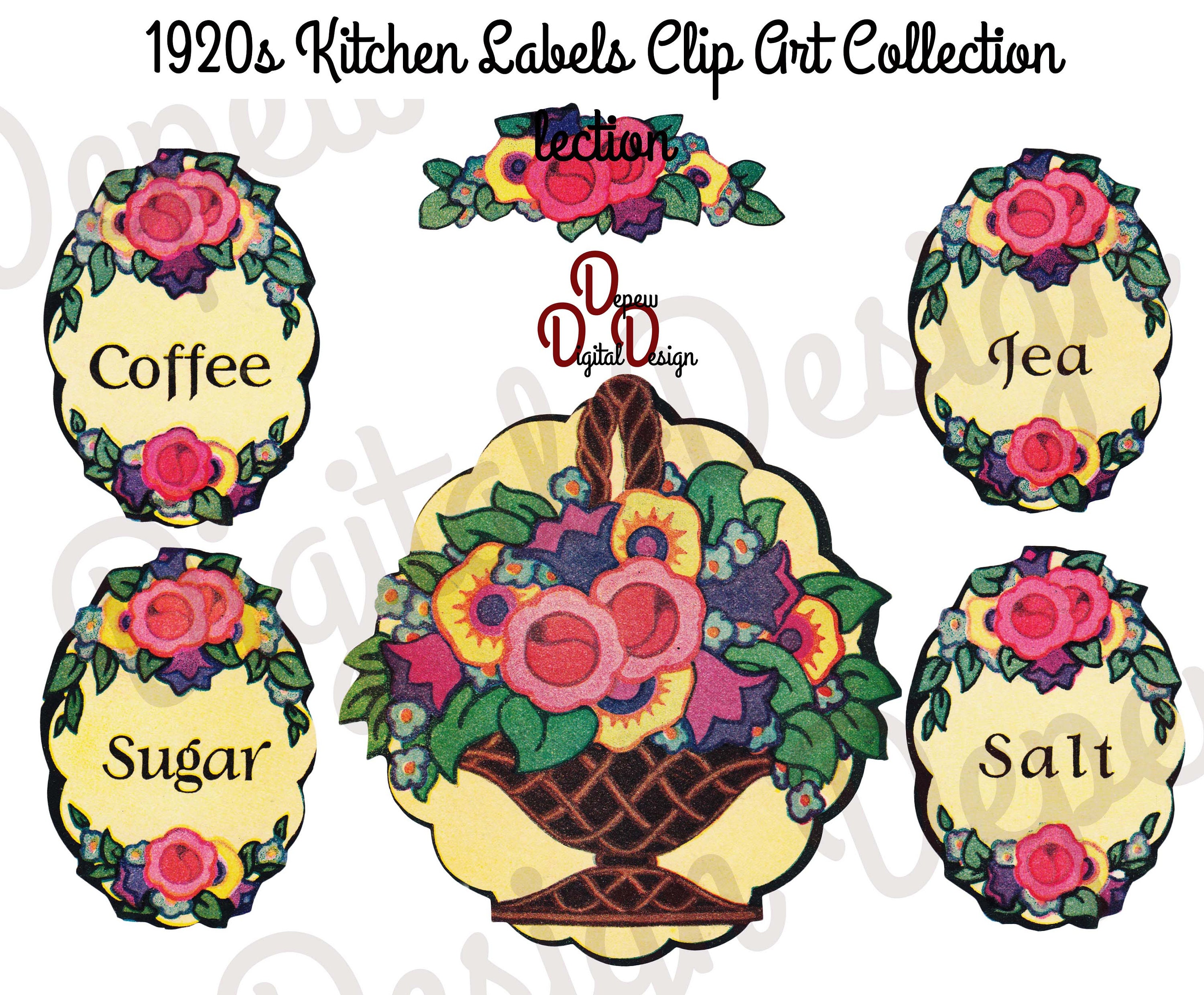 Digital Vintage 1920s Kitchen Floral Labels Collage Sheet &clip Art ...