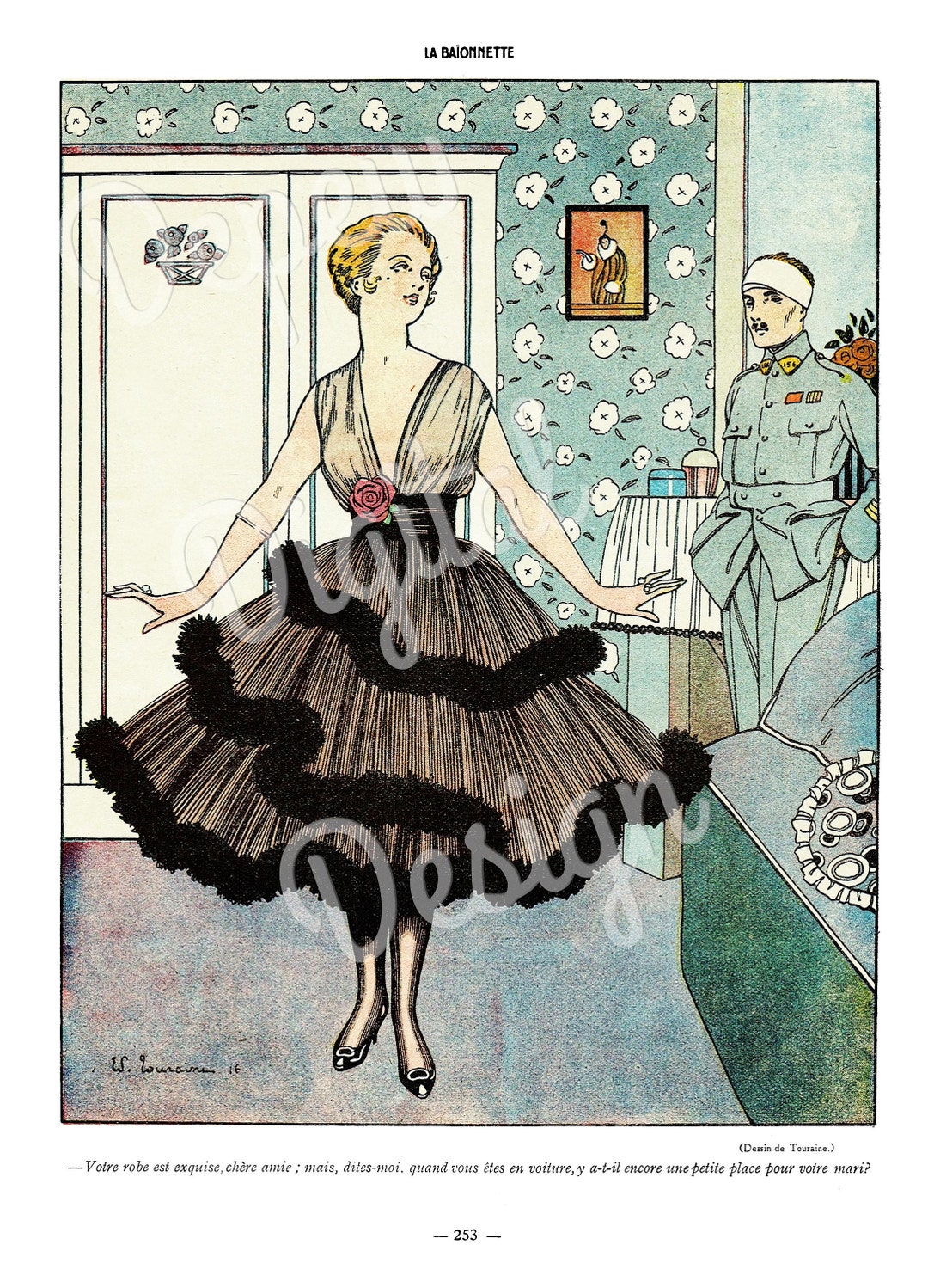 Digital Large Vintage 1910s French WWI Fashion Satire Magazine Page La ...