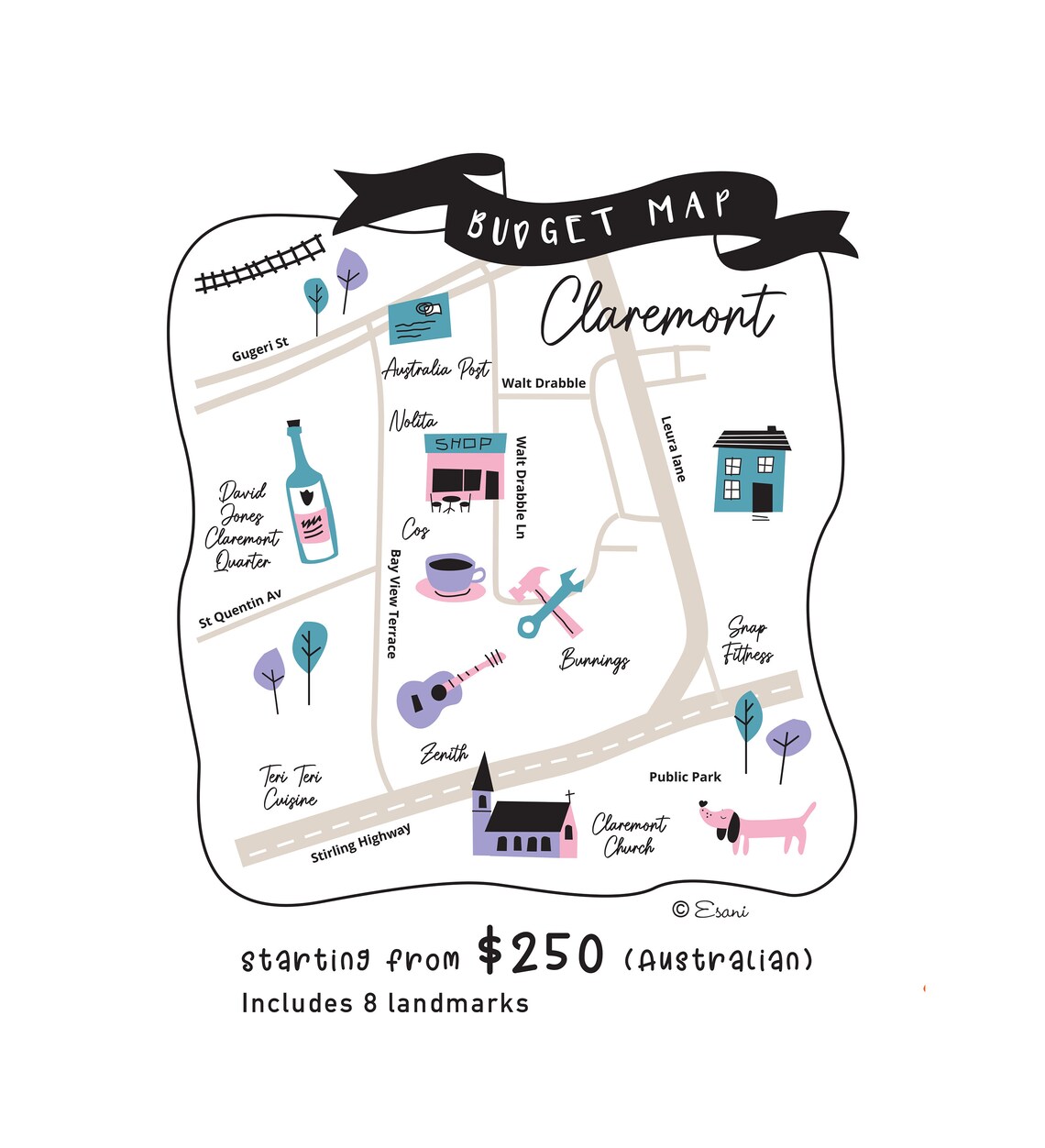 Map, Budget Map, Simple Map, Custom Map, Map Illustration, Hand Drawn ...