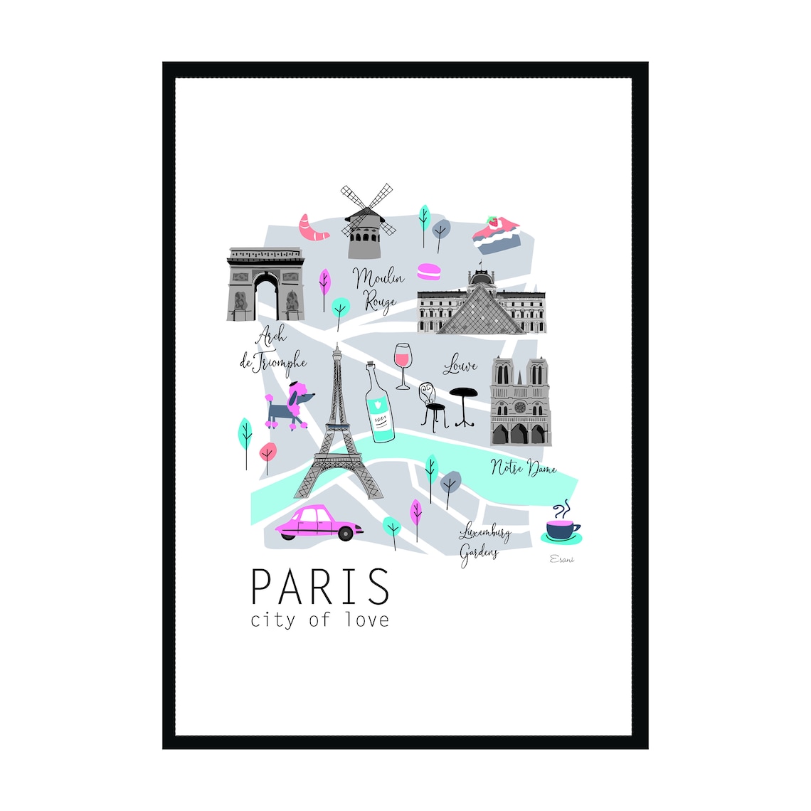 Illustrated Paris Map, Tourist Souvenir Map of Paris, Cute Map of Paris ...