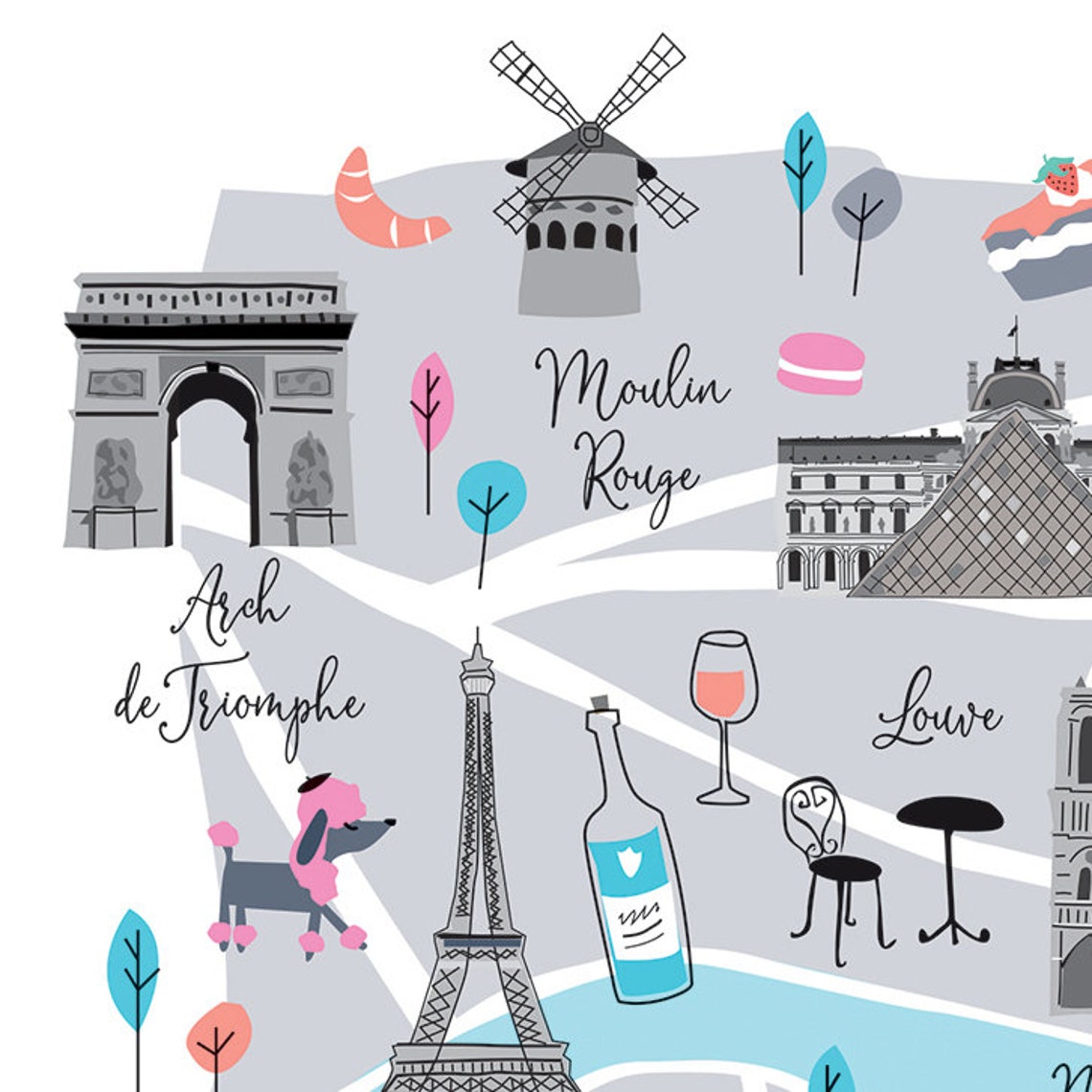 Illustrated Paris Map, Tourist Souvenir Map of Paris, Cute Map of Paris ...