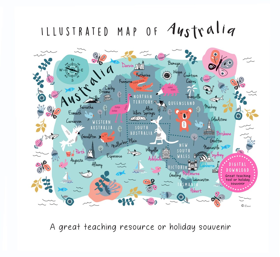 Map of Australia Illustrated, Teaching Map of Australia, Education Tool ...