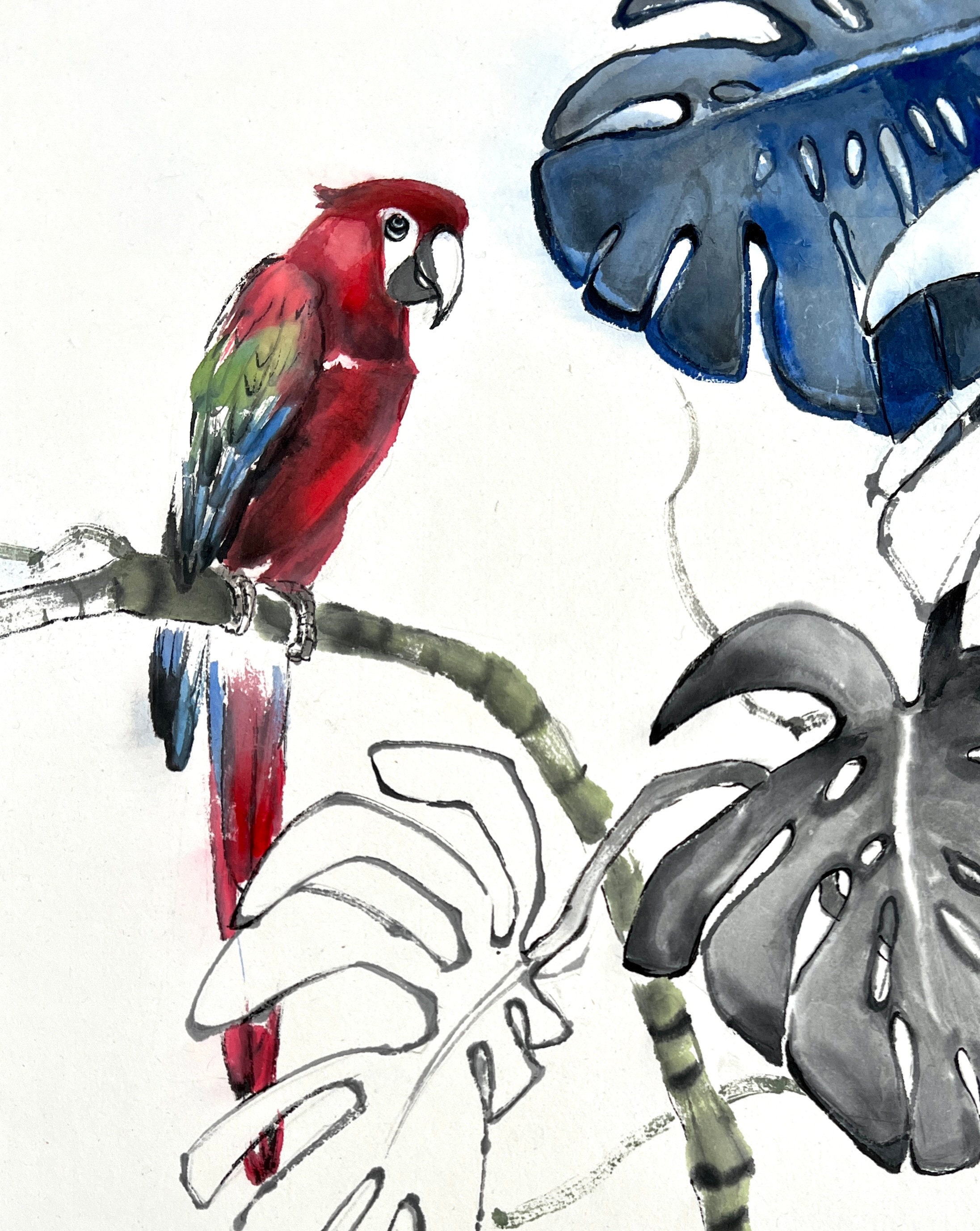 Red Macaw Parrot Among Monstera Leaves Japanese Gift, Tropical Art ...