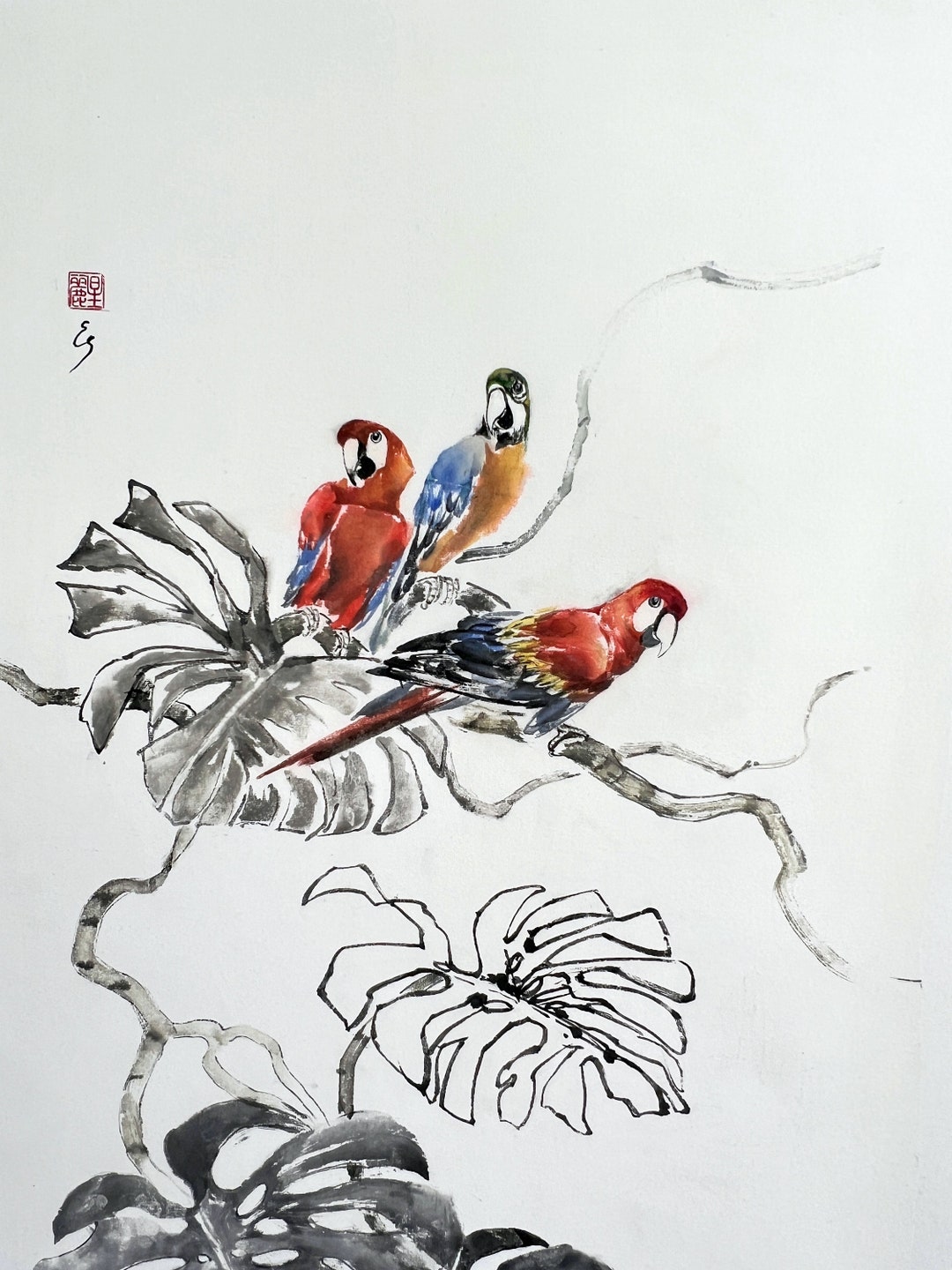 Macaw Parrots Among Monstera Leaves Japanese Gift, Tropical Composition ...