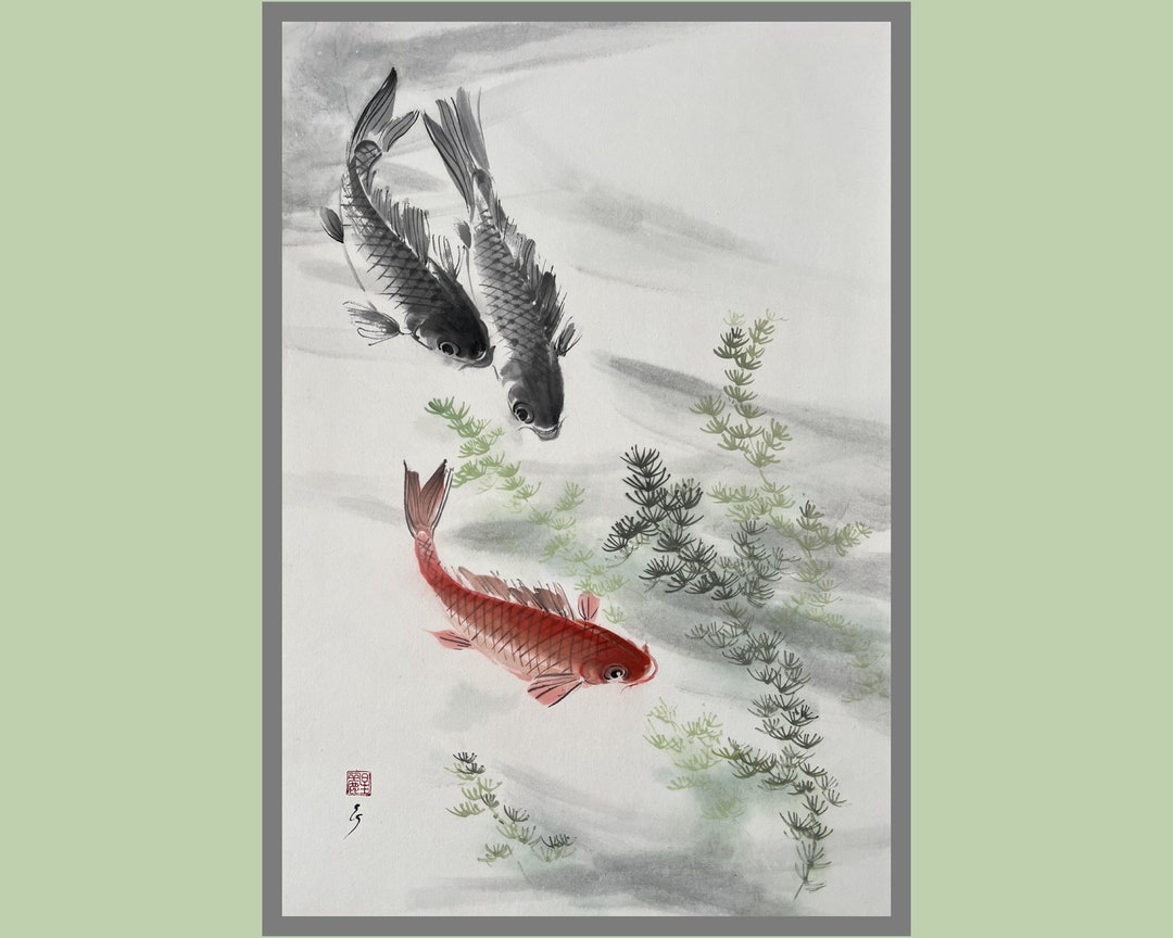 Japanese Koi Fish Sumi-e Ink Painting: Asian Art (18x26 Inch) - Etsy