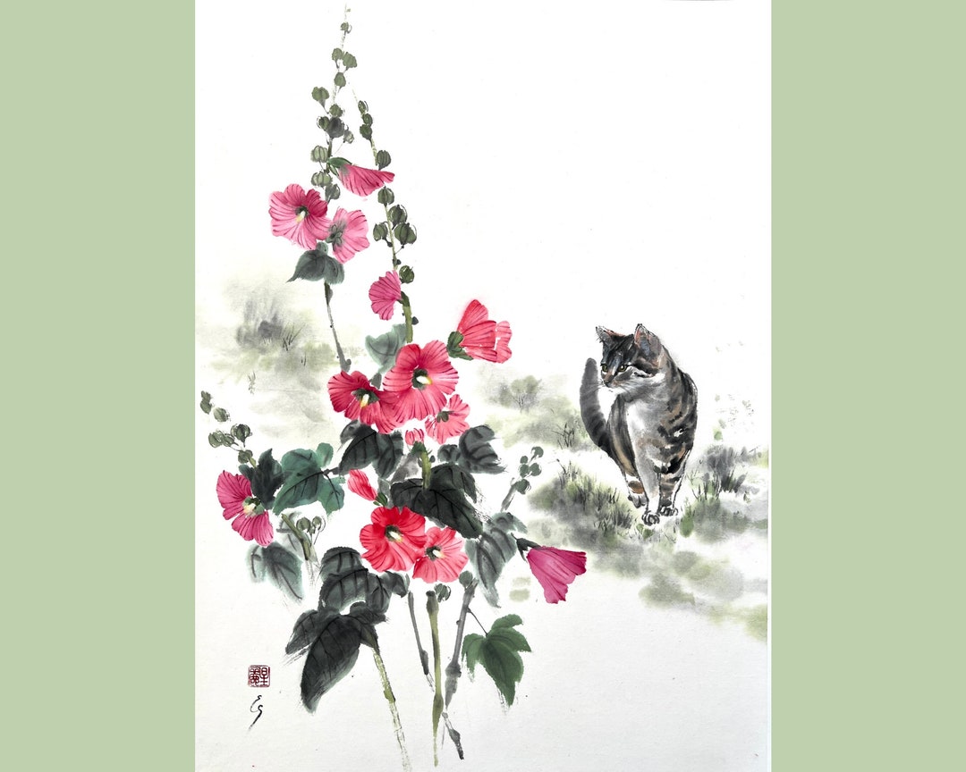 Red Mallow Flowers and Kitten: Japanese Ink Wash Painting Sumi E - Etsy