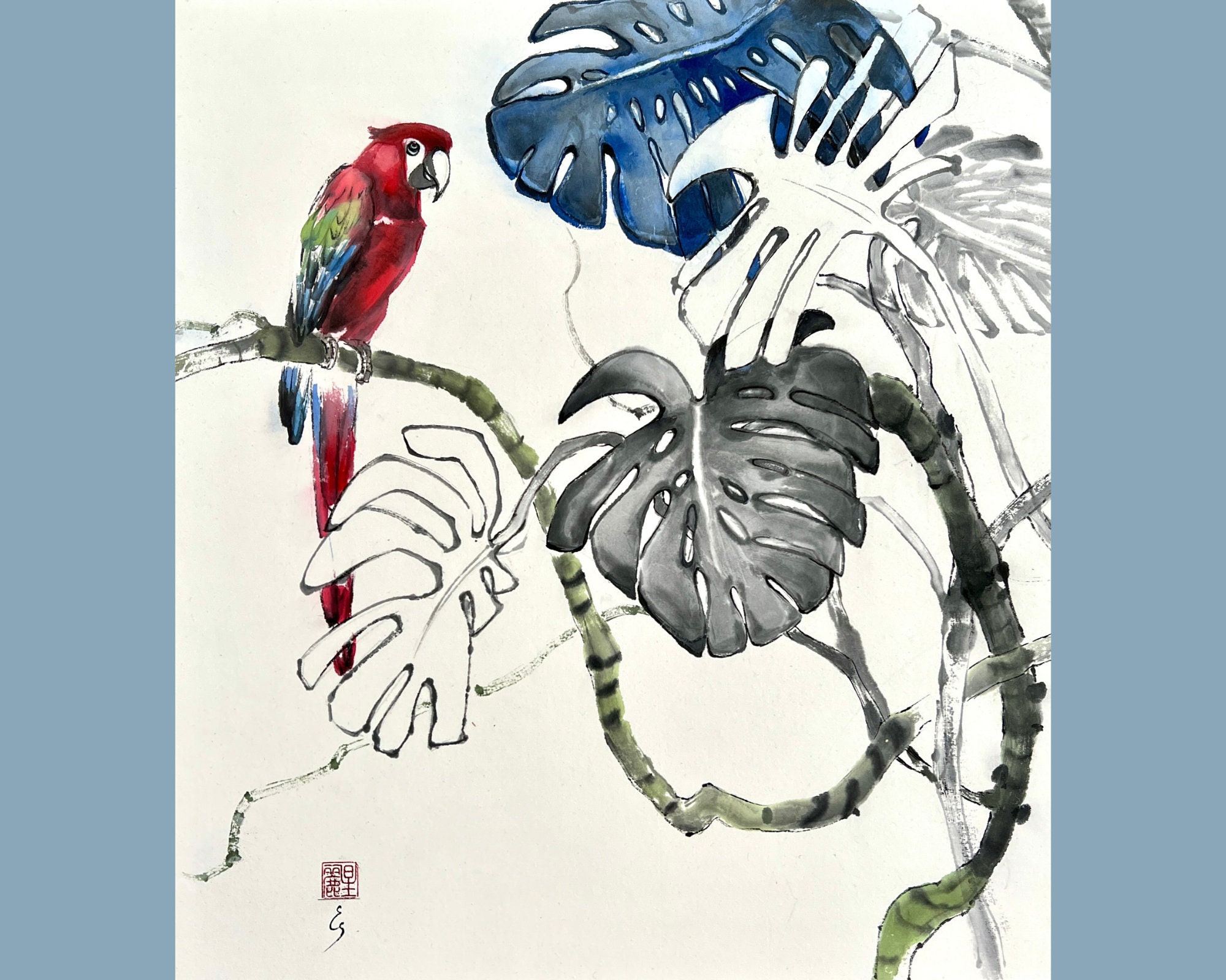 Red Macaw Parrot Among Monstera Leaves Japanese Gift, Tropical Art ...