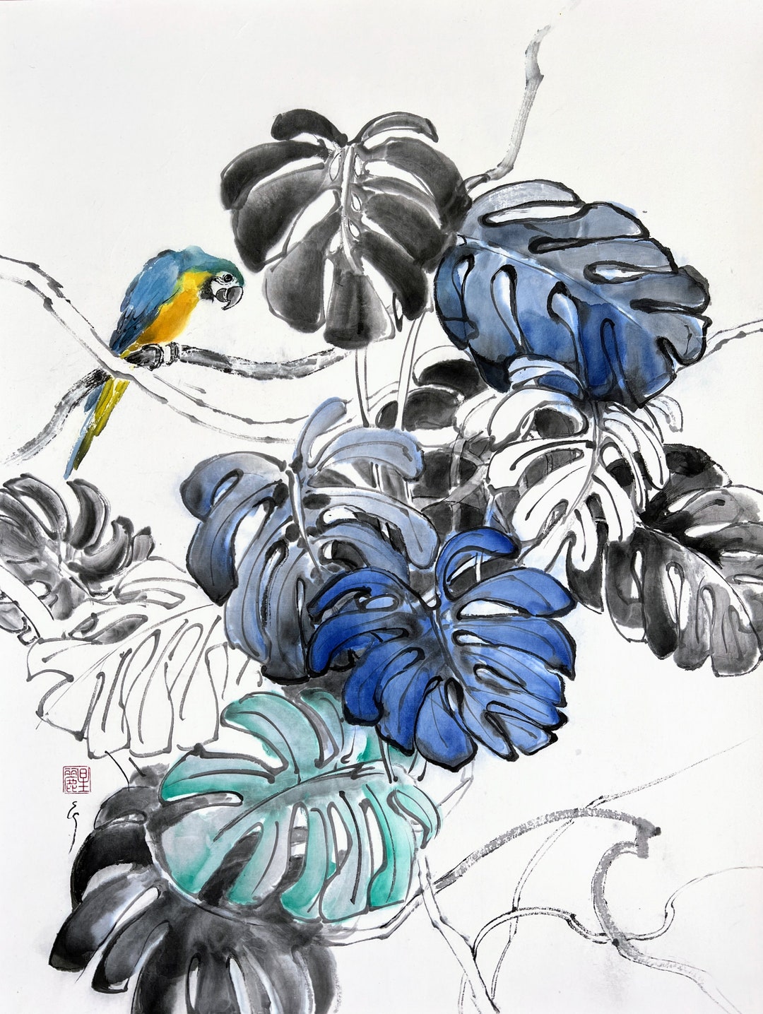 Сurious Blue Macaw Parrot Among Monstera Leaves Japanese Gift, Tropical ...