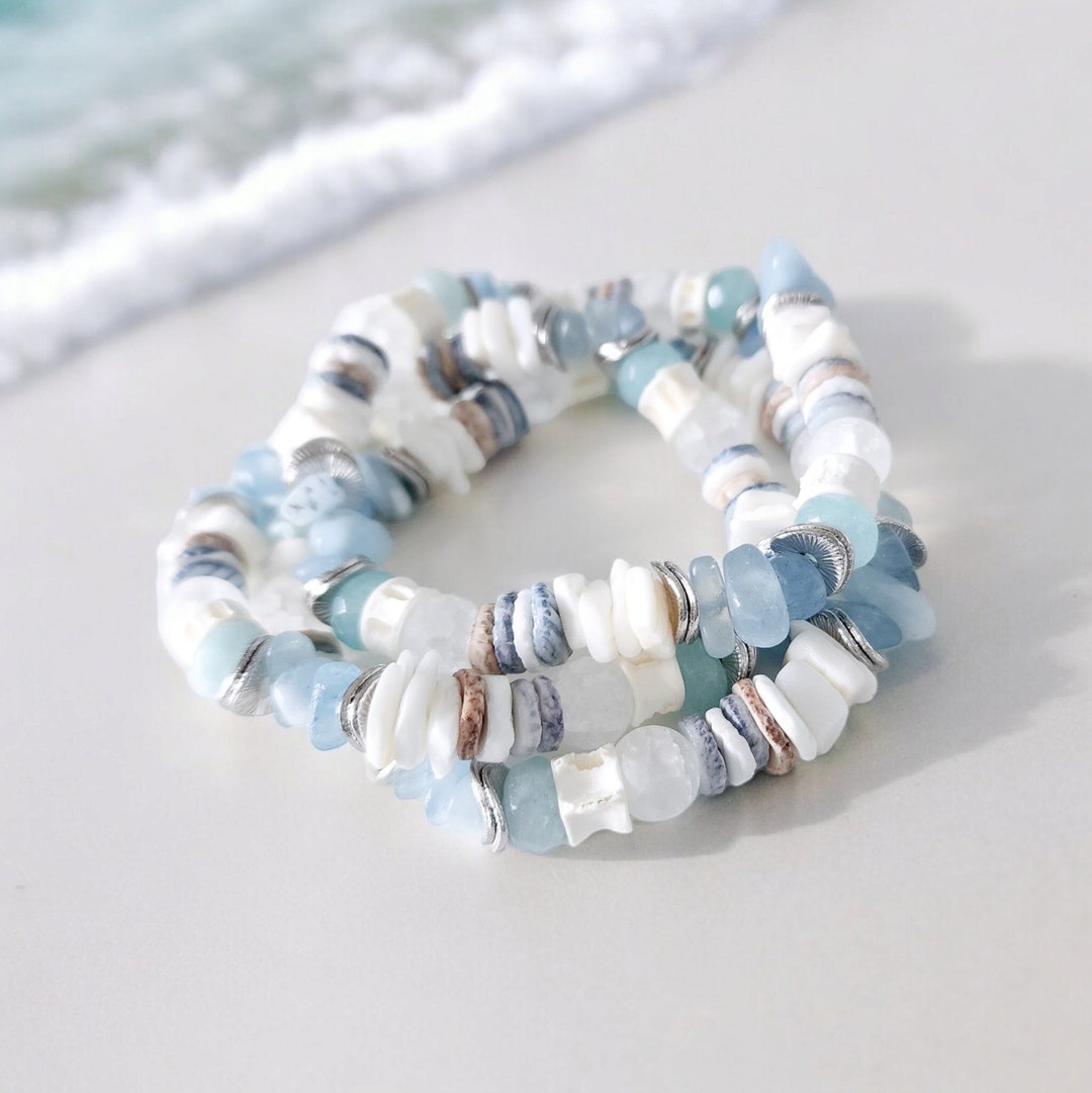 Sea Glass Bracelet: Handmade Shell & Aquamarine Beaded Nautical Jewelry - Etsy