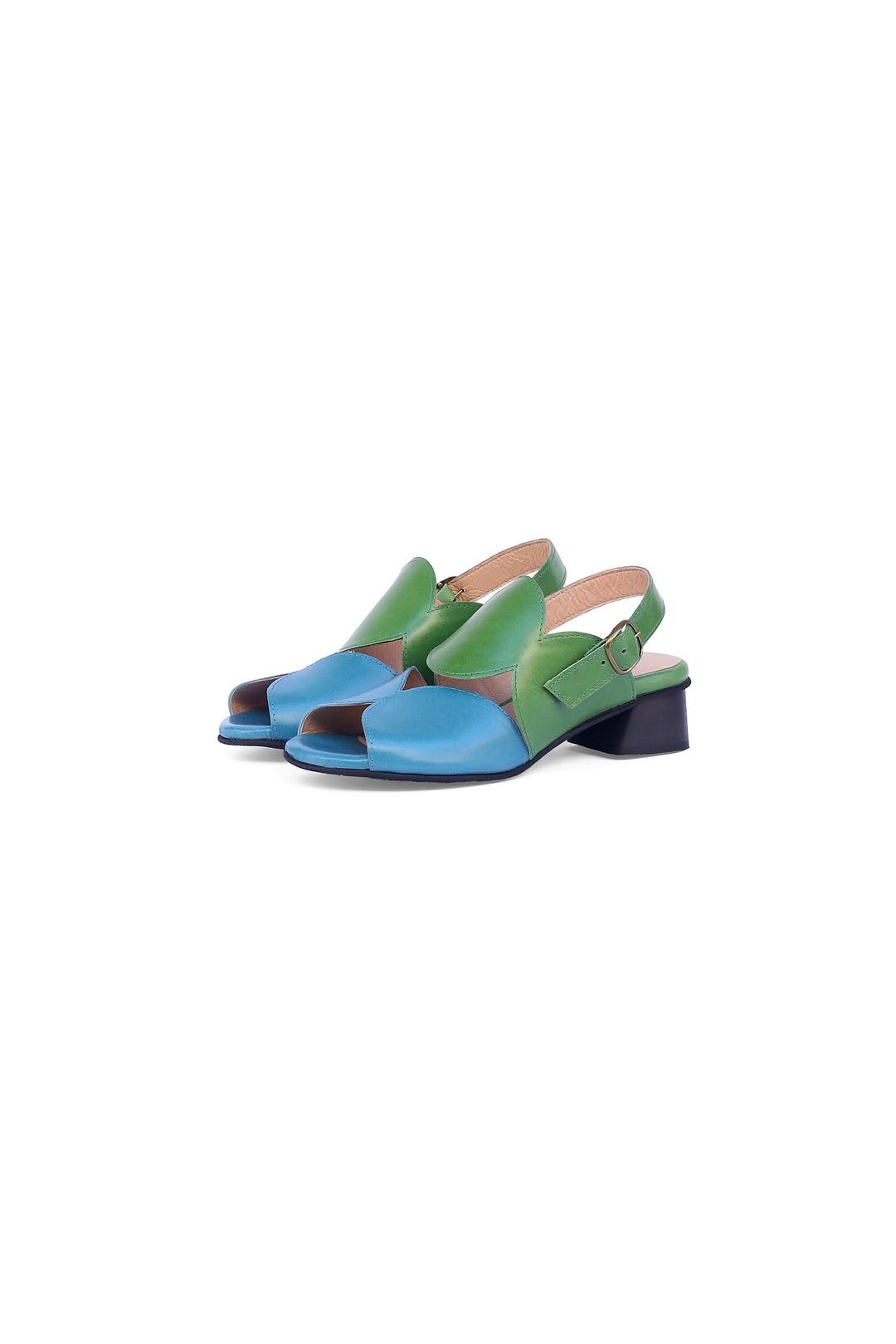 Two-tone Blue and Green Leather Women's Low Heel Sandals - Etsy