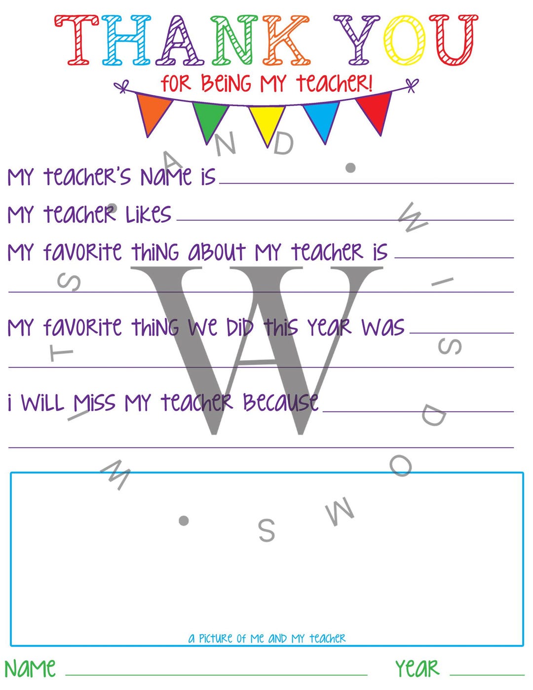 Printable Teacher Gift Worksheet | End of Year Thank You Page for Kids ...