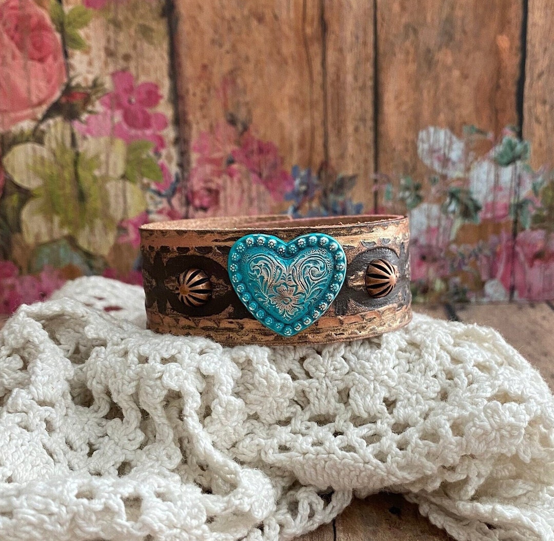 Turquoise Heart Concho Skinny Brown Leather Bracelet Heart Leather ...