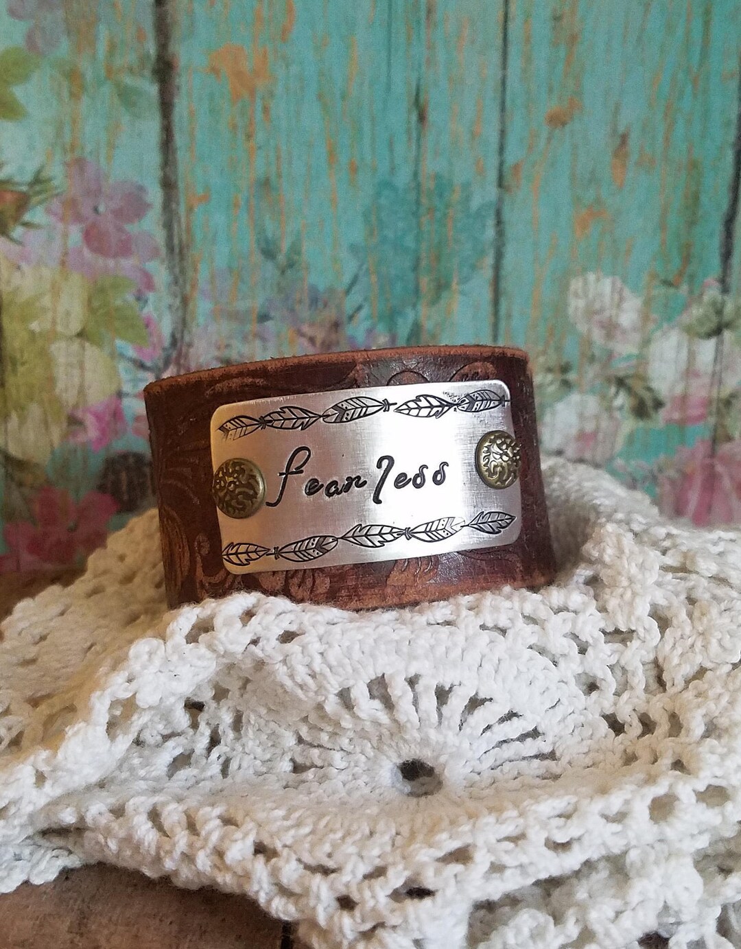 Fearless Bracelet> Hand Stamped Leather Cuff Bracelet. Brown Leather ...