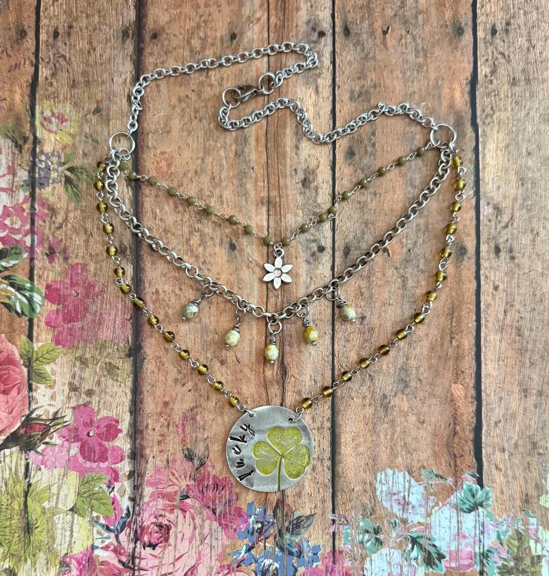 Lucky Layered Boho Bead Pendant Necklace in Soft Green Colors> Multi ...