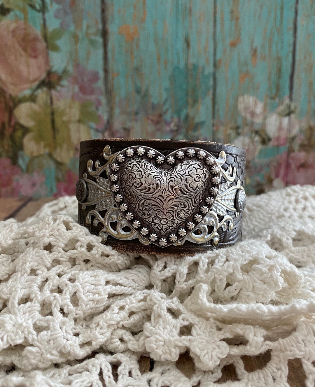 Silver Heart Concho Filigree Brown Leather Cuff Bracelet Leather ...