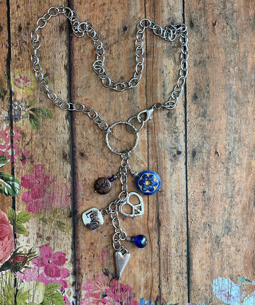 Blue Multi Charm Necklace> Y Necklace, Drop Necklace. Y Necklace With ...