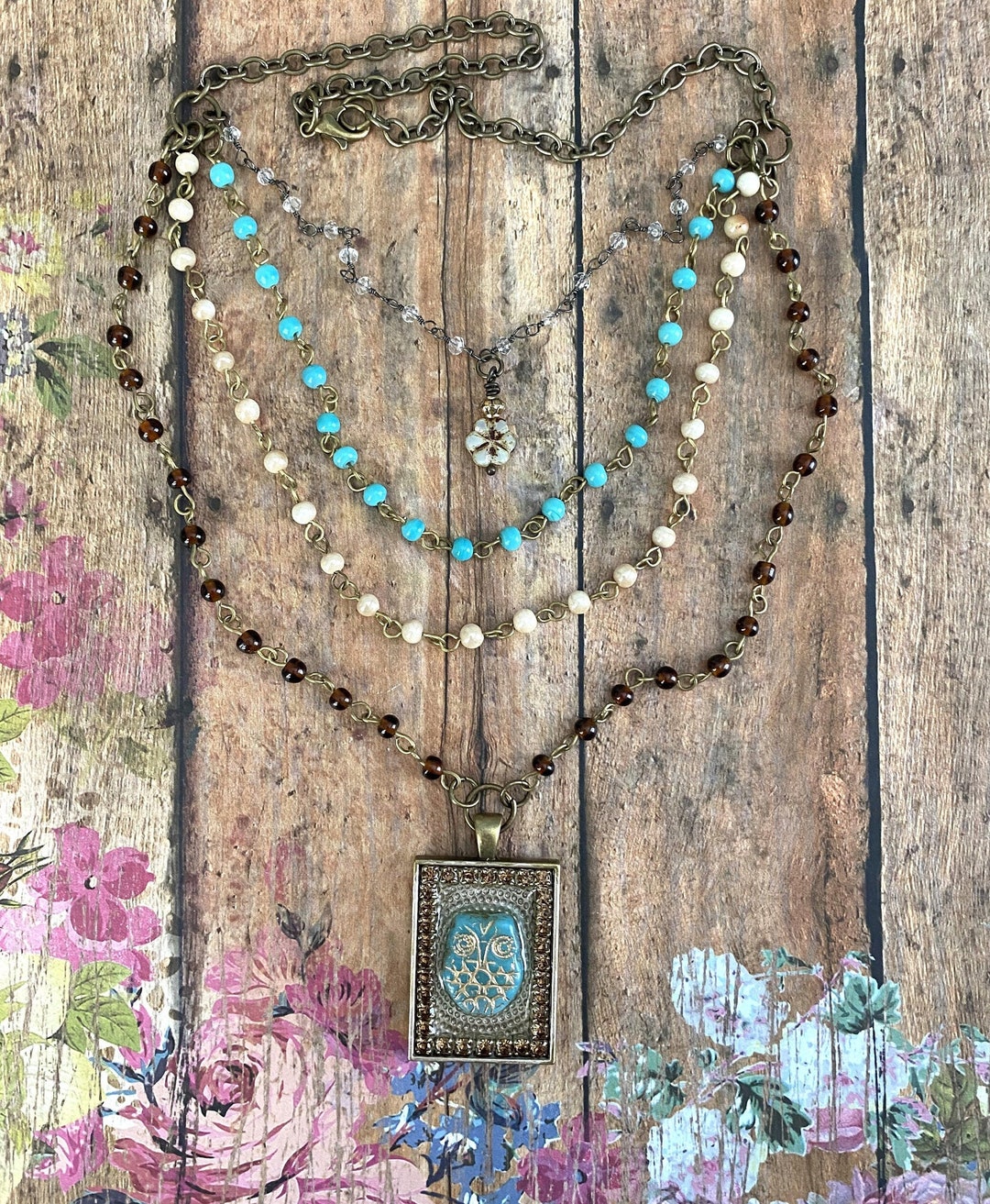 Owl Multi Strand Bead Necklace Owl Necklace. Owl Jewelry. Pendant ...