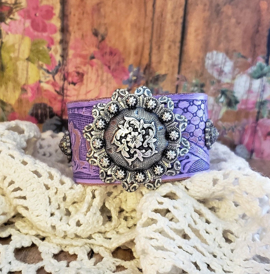 Purple Leather Concho Cuff Bracelet: Floral Boho Wristband - Etsy