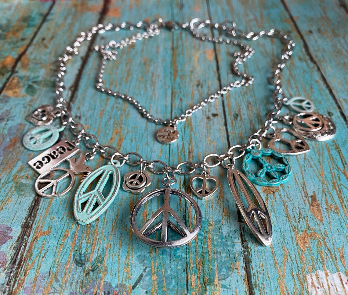 Turquoise & Silver Peace Sign Bib Charm Necklace Peace - Etsy