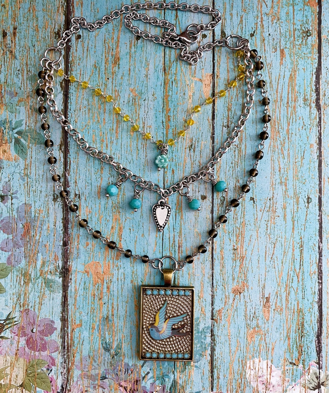 Blue Bird Pendant Multi Strand Necklace> Cascading Necklace. Boho ...
