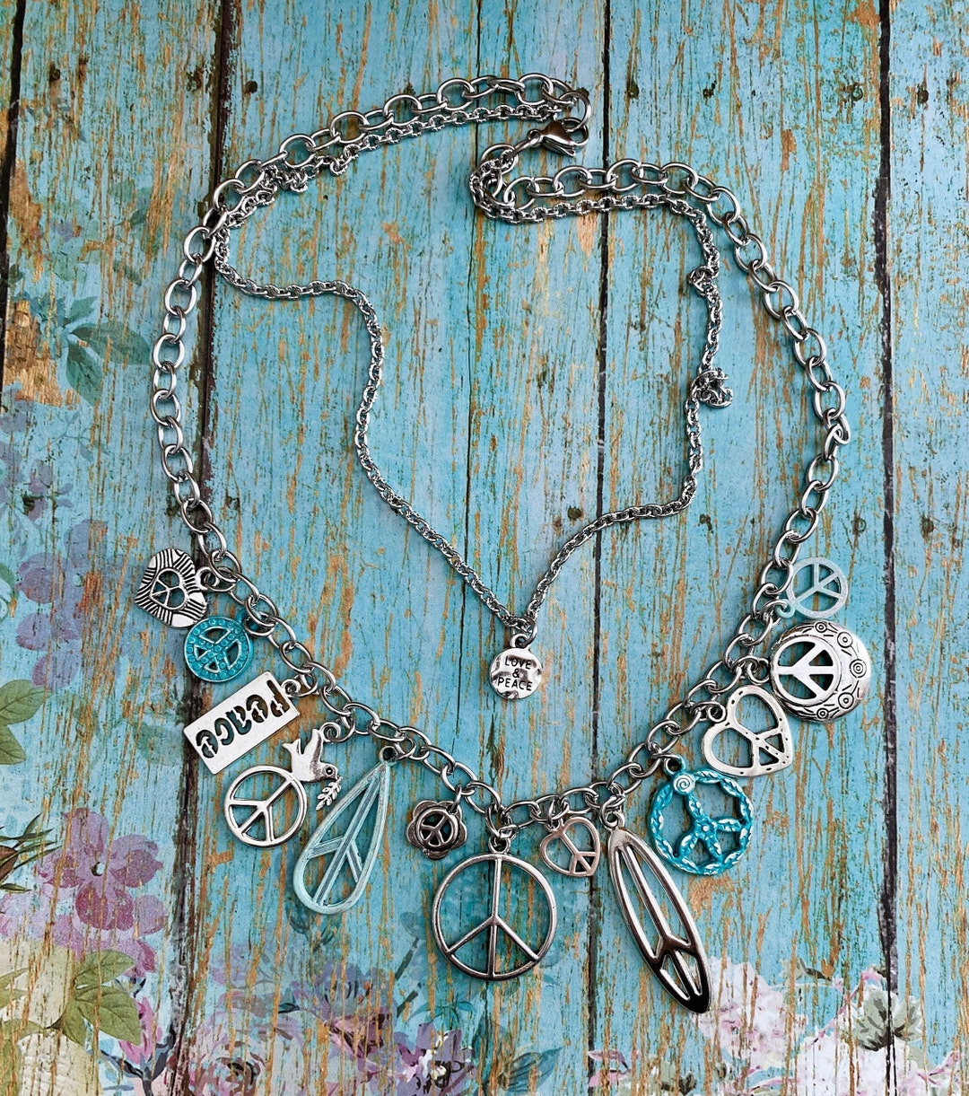Peace Sign Bib Charm Necklace in Silver & Turquoise > Peace Sign ...
