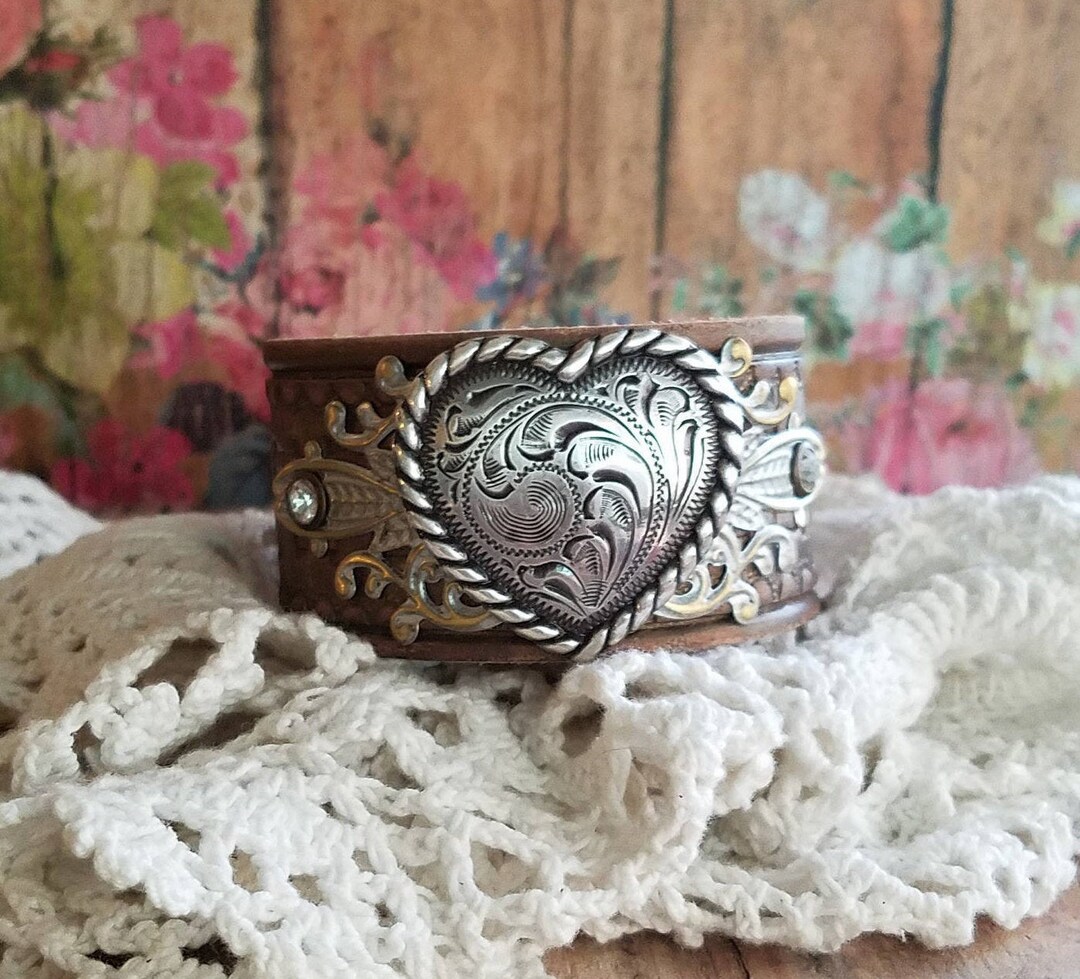 Silver Heart Concho Bronze Leather Cuff Bracelet Heart Jewelry. Heart ...