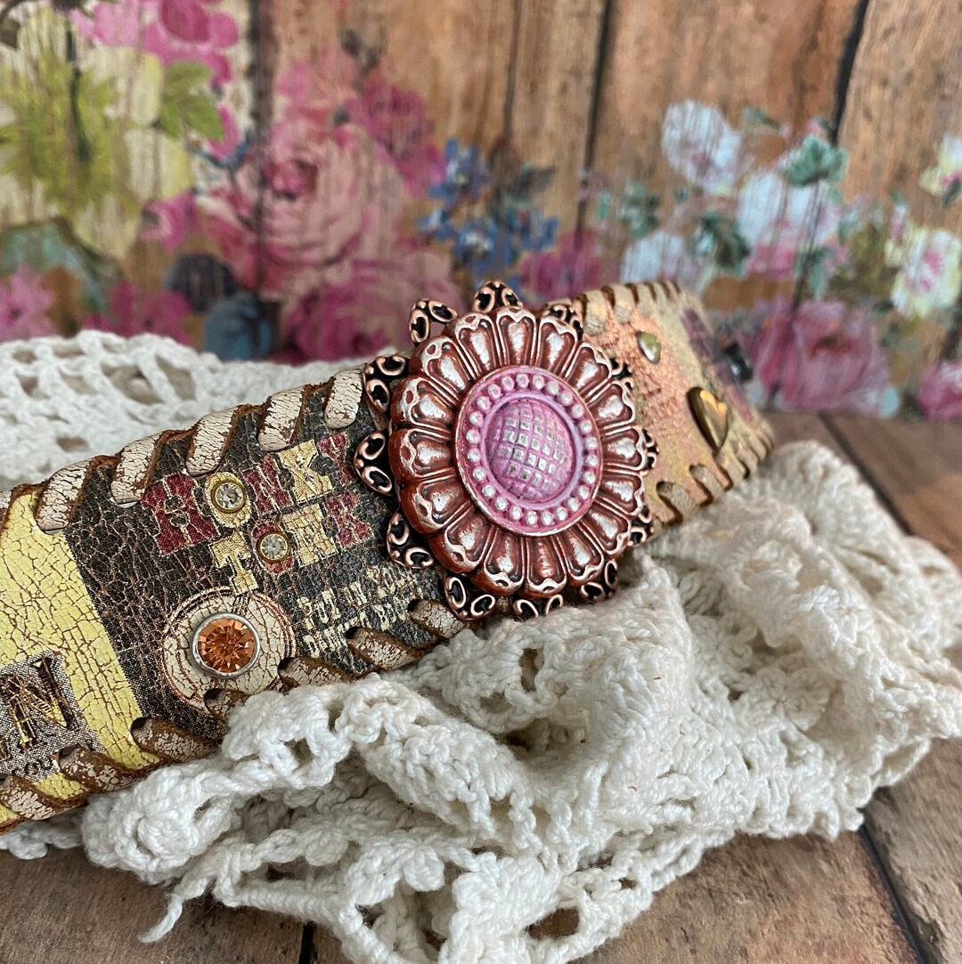 Pink Sunflower Concho Recycled Leather Cuff Bracelet Leather Wristband ...