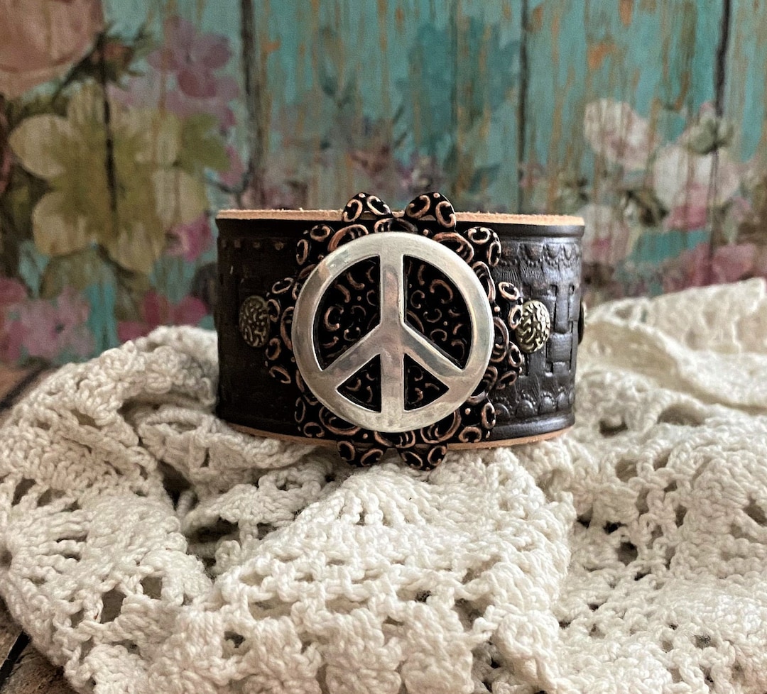 Peace Sign Concho Brown Leather Cuff Bracelet, Boho Festival Wristband ...