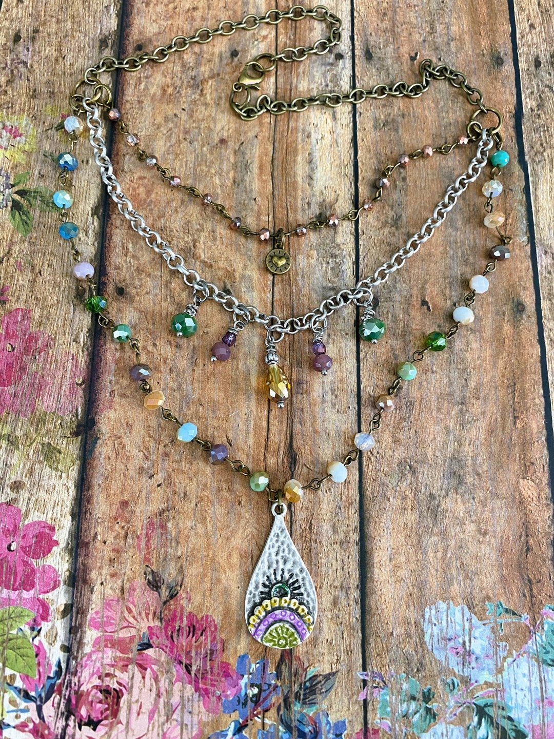 NEW Colorful Muted Jewel Tones 3 Layer Flower Pendant Necklace Multi ...