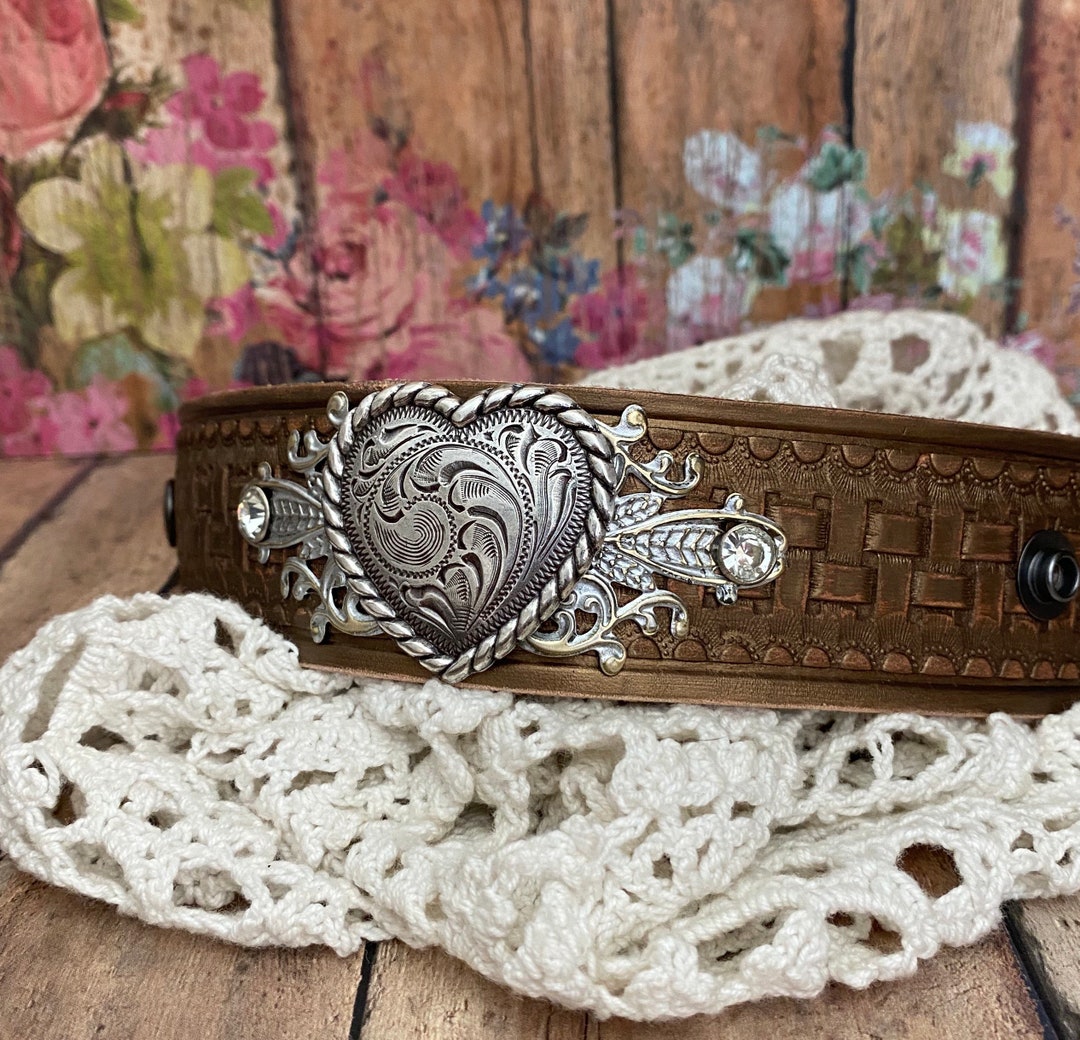 Silver Heart Concho Bronze Leather Cuff. Heart Jewelry. Gift for Her ...