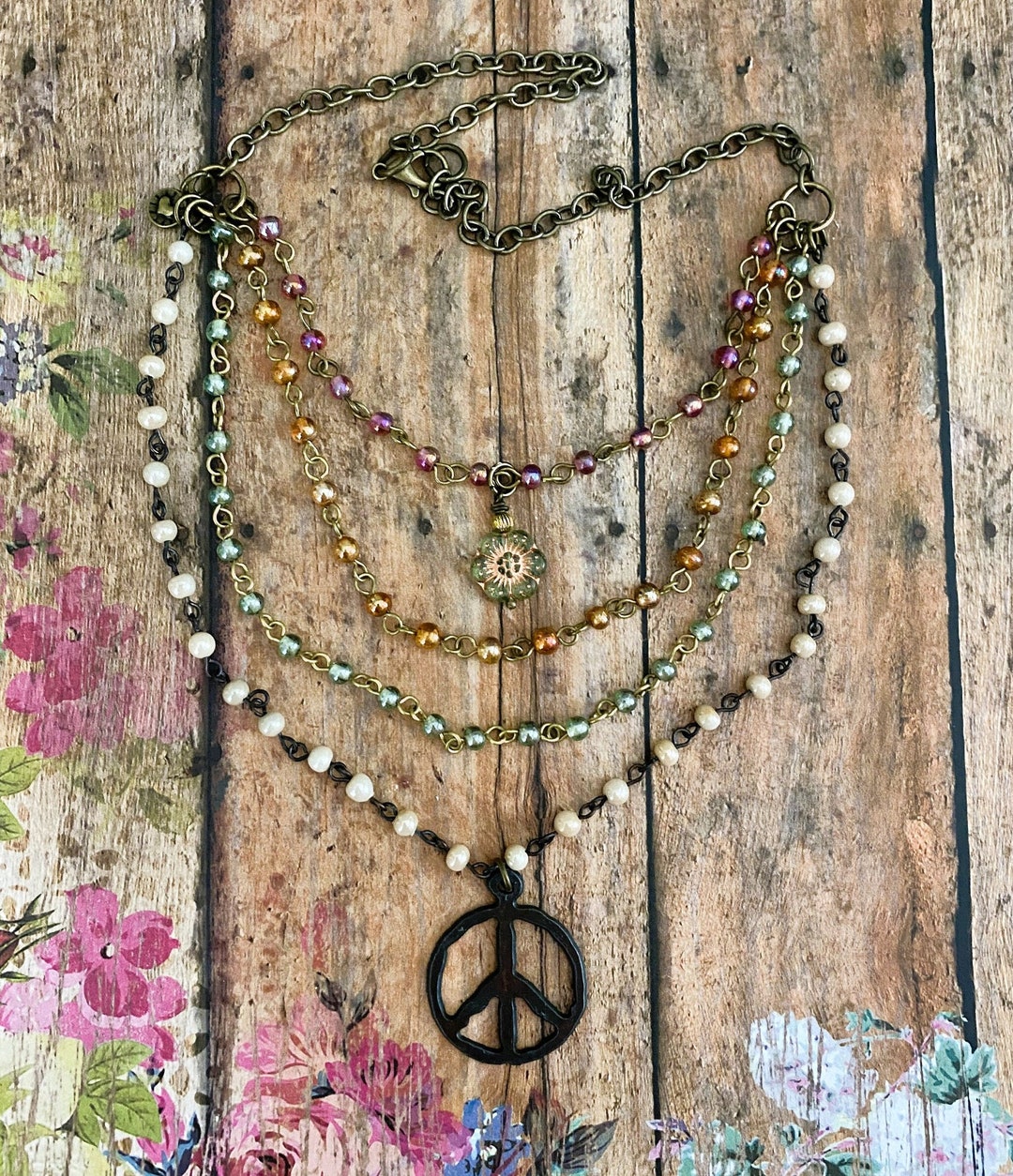 Peace Sign Pendant Multi-strand Layering Necklace> Muliti Color Boho ...