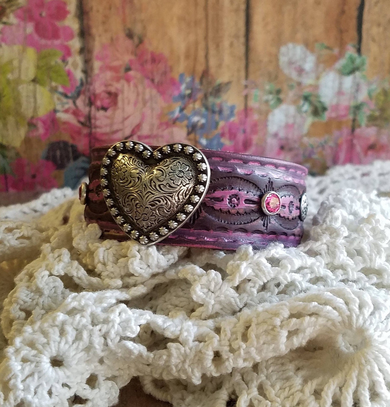 Silver Heart Concho Pink Leather Cuff Bracelet Hand | Etsy