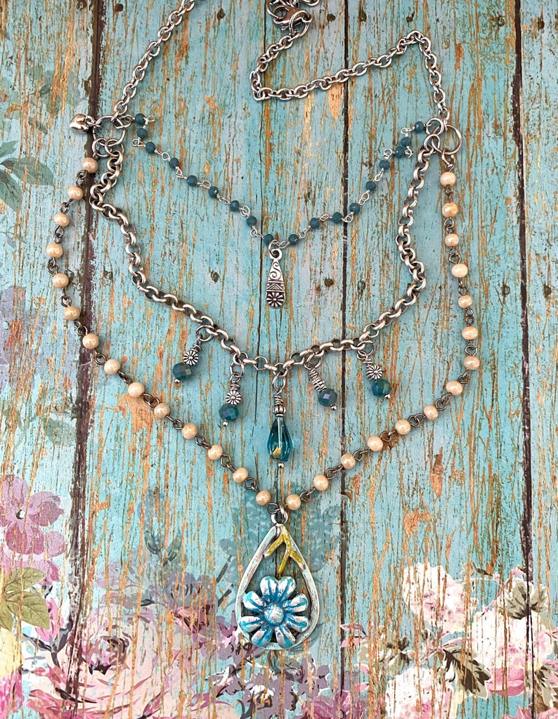 Shades of Blue 3 Layer Flower Necklace Multi Layered - Etsy