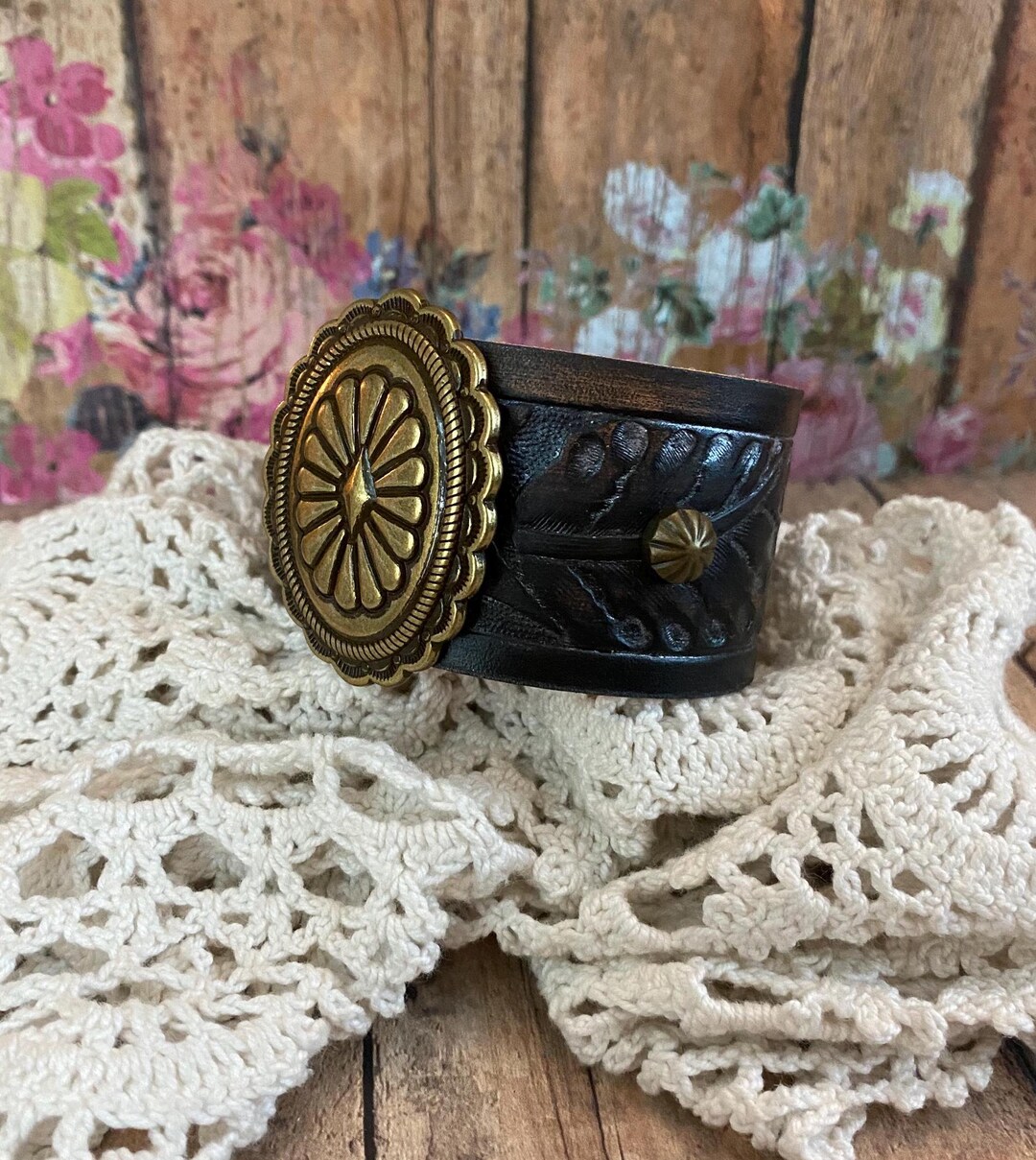 Southwestern Style Oval Antique Bronze Concho Black Leather Cuff ...