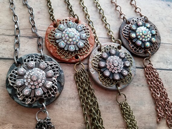 Rhinestone Leather Pendant Necklace Cowgirl Necklace. Rustic Country Jewelry. Chunky Necklace. Leather Necklace. Rhinestone Necklace