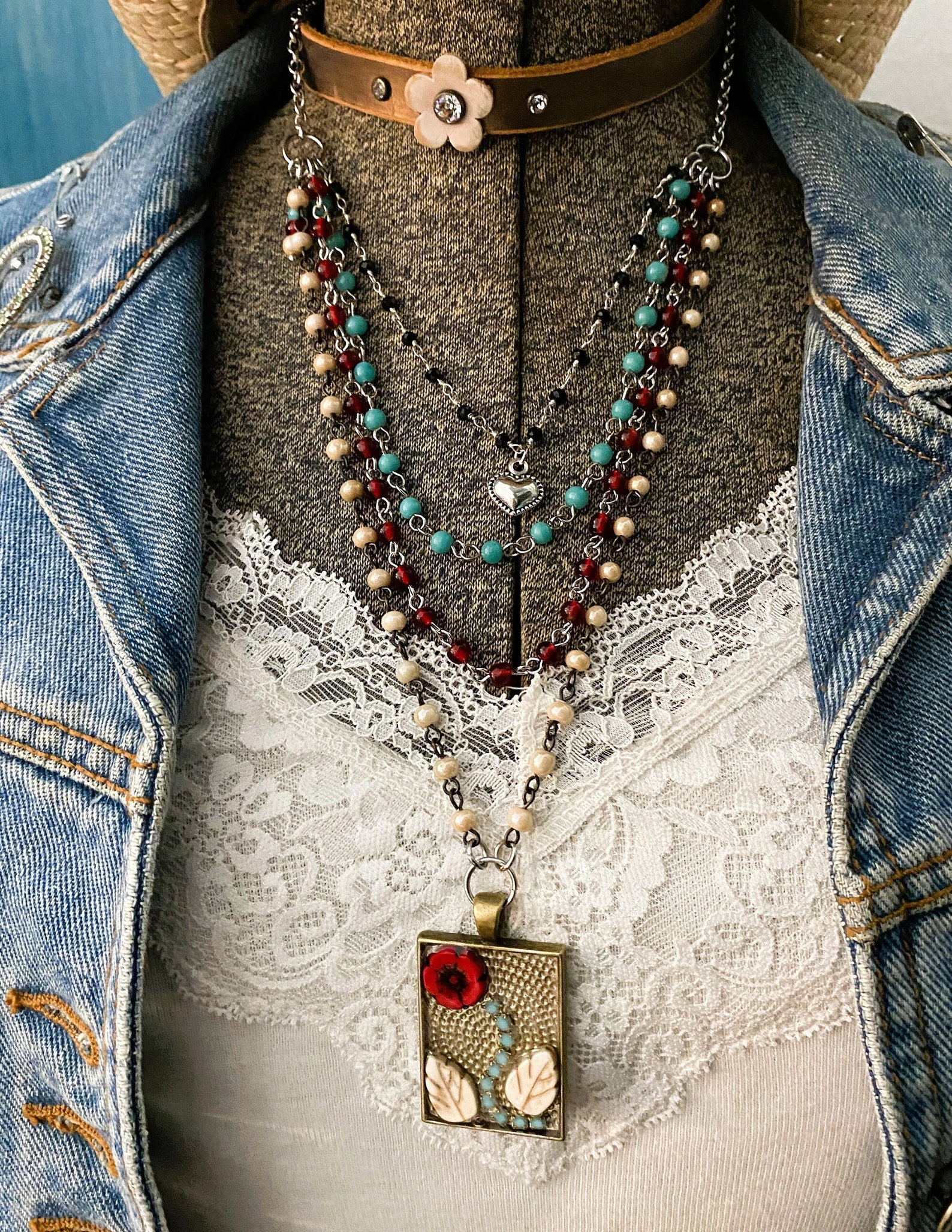 Red & Turquoise Flower Necklace> Multi Layered Cascading Necklace ...