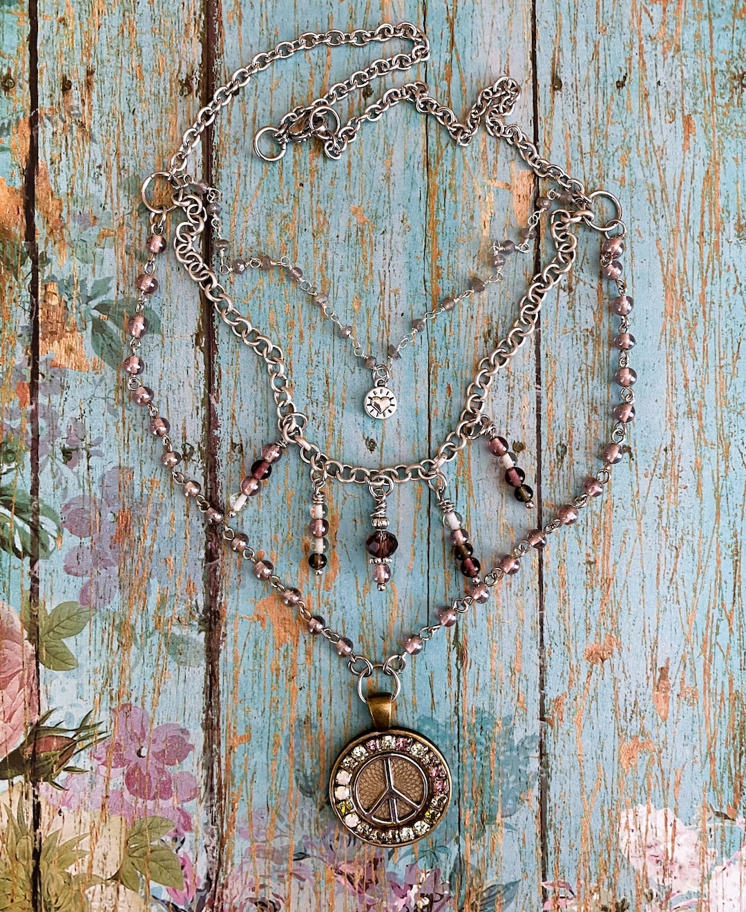 Multi Color Purple Layered Peace Sign Necklace Three Strand Cascading ...
