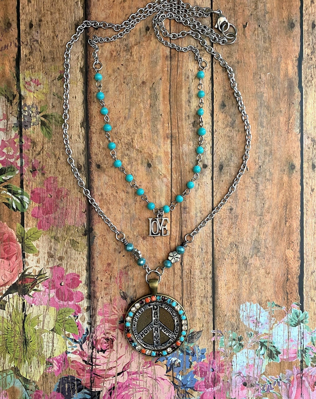 Turquoise Peace Sign Necklace> Multi Strand Necklace. Peace Jewelry ...