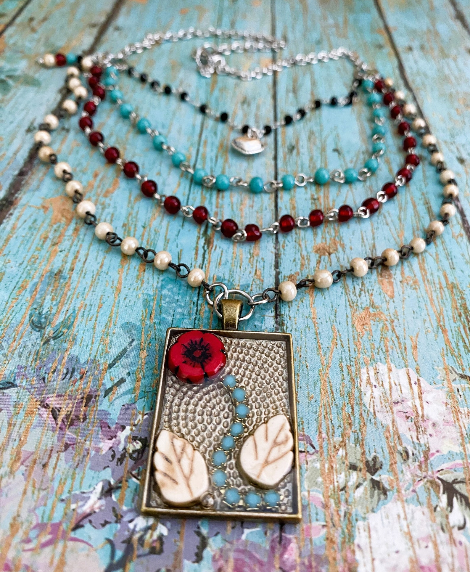Red & Turquoise Flower Necklace> Multi Layered Cascading Necklace ...