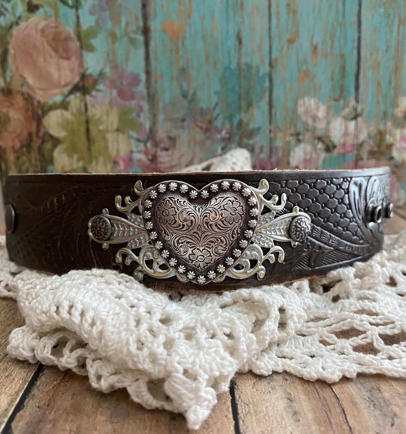 Silver HEART Concho & Filigree Brown Leather Cuff Bracelet | Etsy
