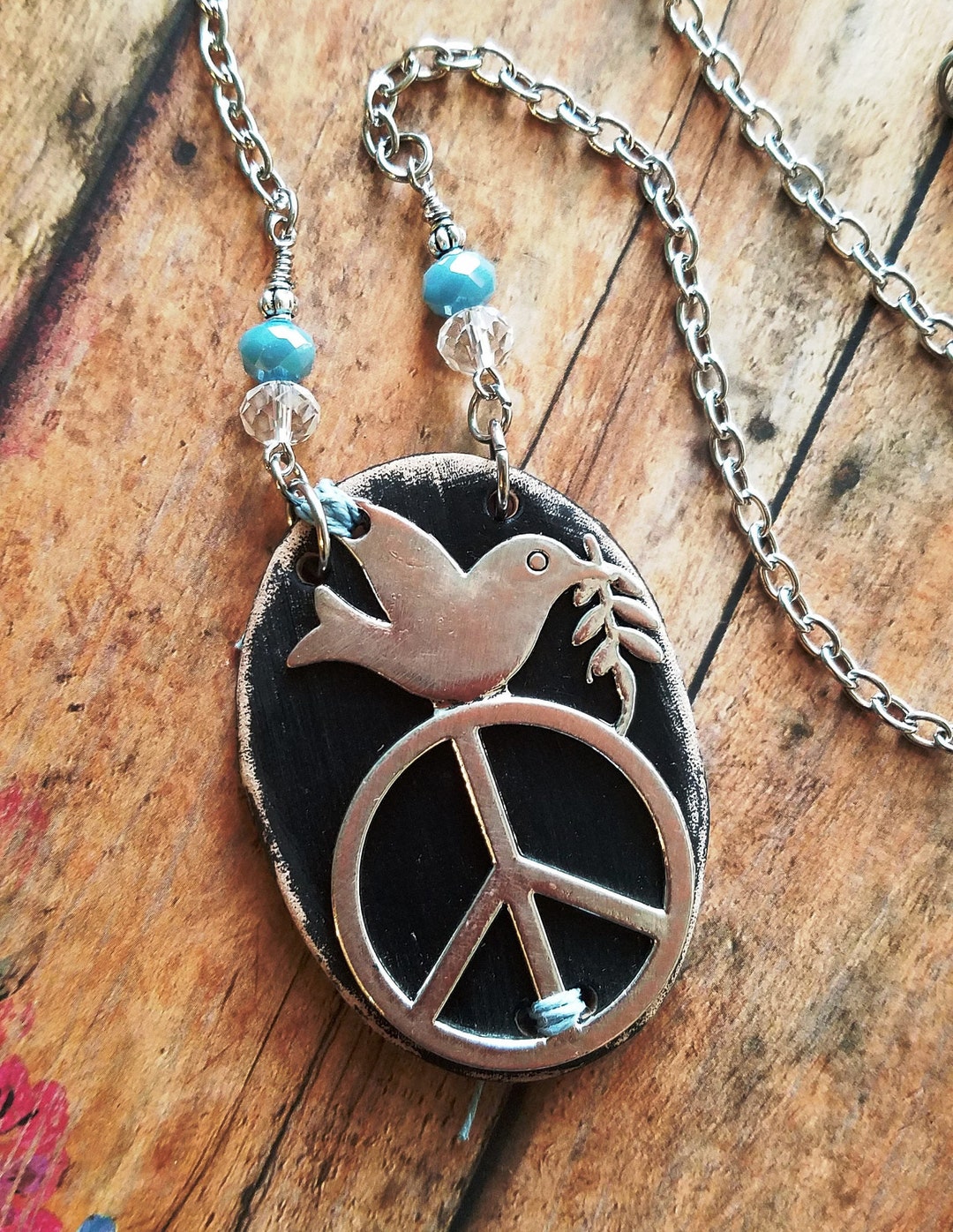 Large Dove Peace Sign Black Leather Necklace Peace Sign Pendant ...