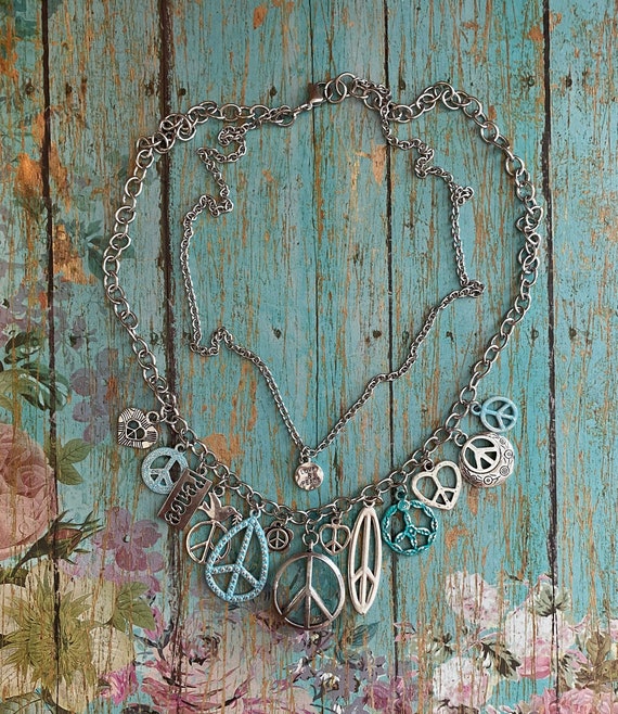 Turquoise & Silver Peace Sign Bib Charm Necklace Peace | Etsy
