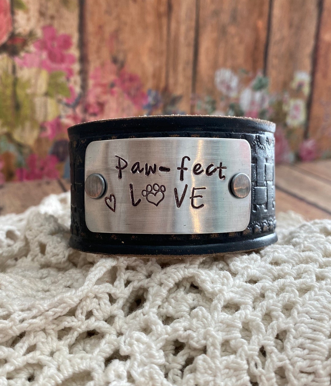 Paw-fect Love Hand Stamped Leather Cuff Bracelet. Black Leather ...