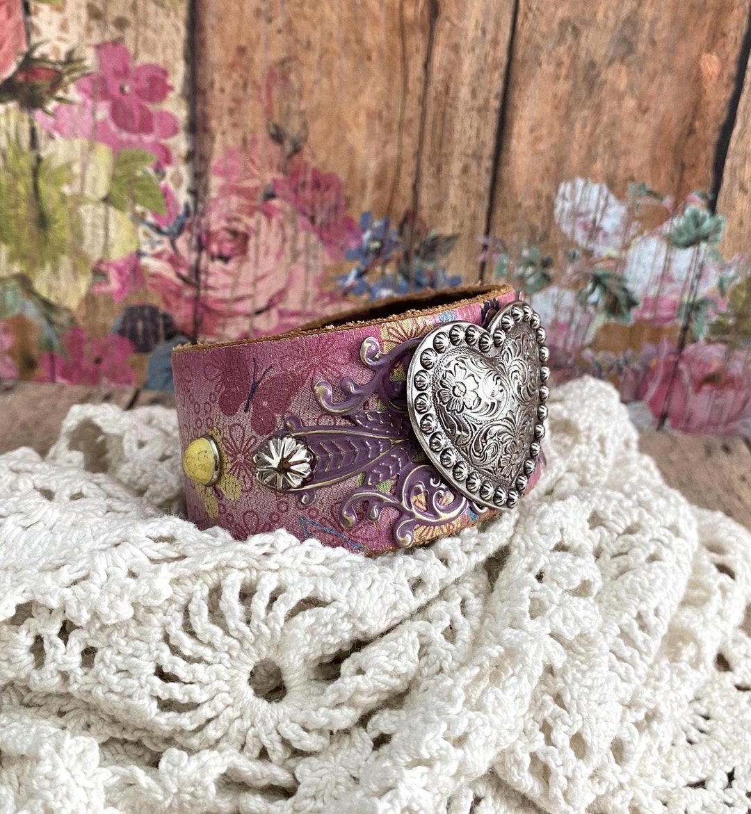 Pink & Purple Heart Concho Colorful Leather Cuff Bracelet> Heart ...