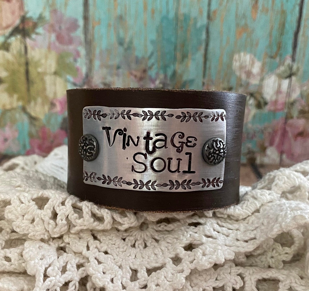 Vintage Soul Hand Stamped Black Tooled Leather Cuff Bracelet> Hand ...