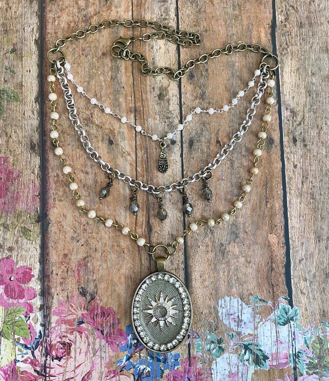 Creamy White & Bronze 3 Layer Star Necklace> Multi Layered Cascading ...