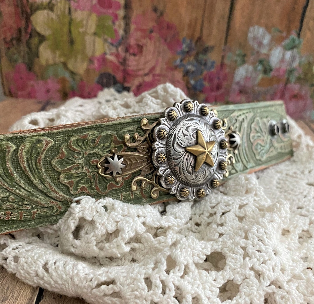 Rustic Boho Western Green Leather Star Concho Green Cuff Bracelet - Etsy