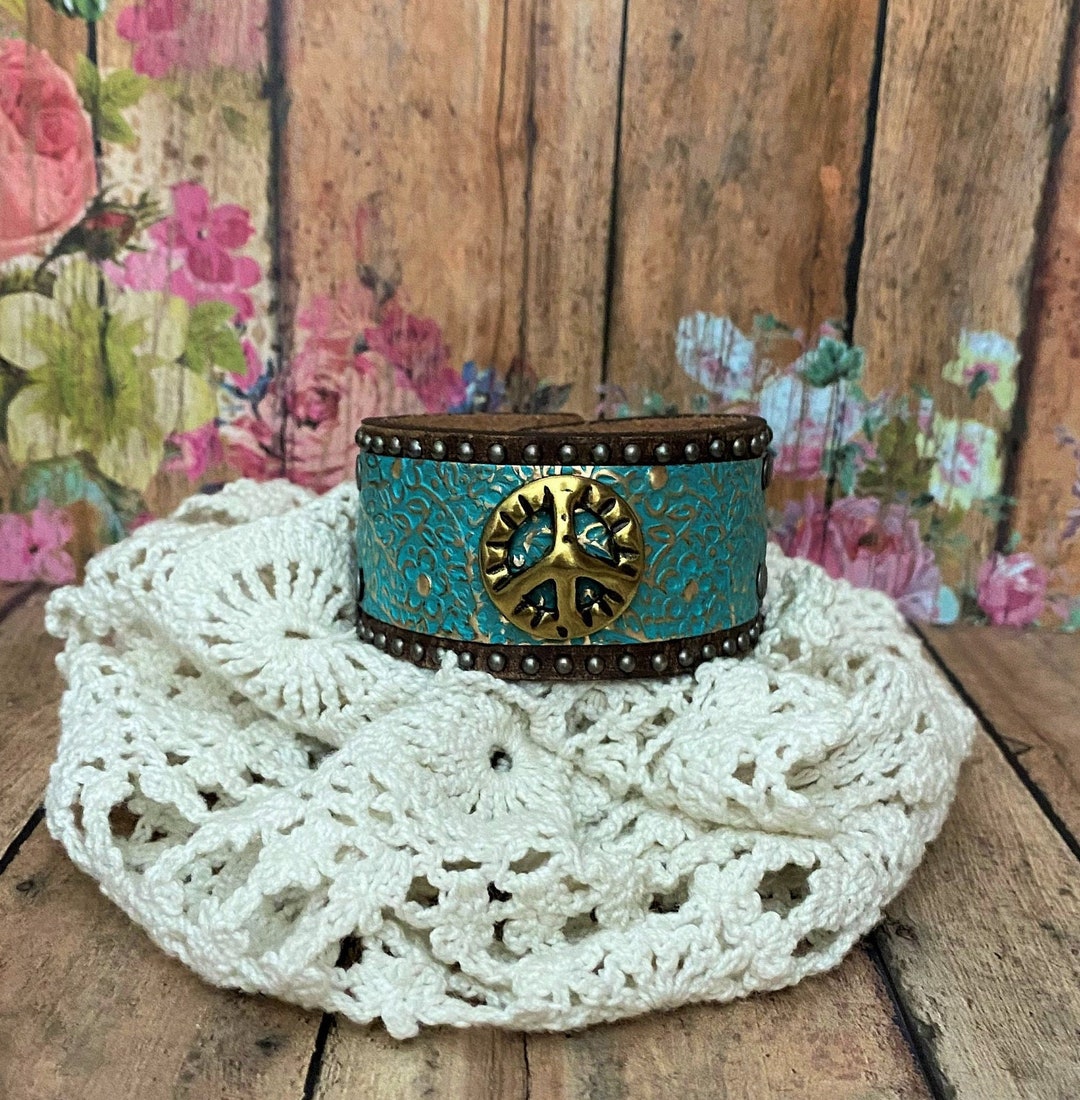 Gold Peace Sign Concho Brown Studded Leather Cuff Bracelet Leather ...